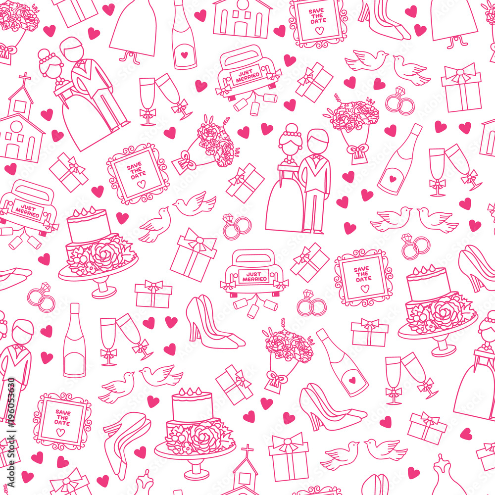 Vector illustration. Set of cartoon doodle wedding icons. Collection of ...