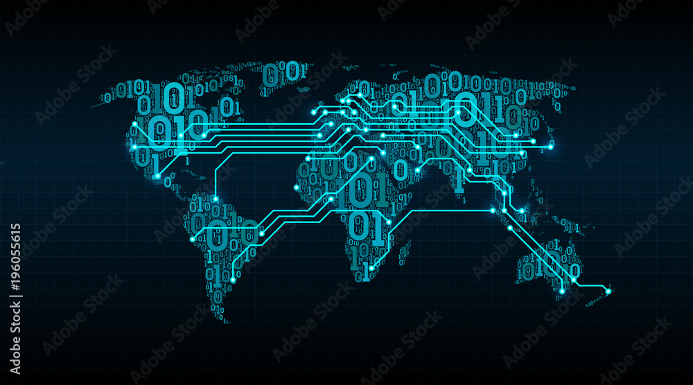 Abstract world map from a digital binary code on a grid background ...