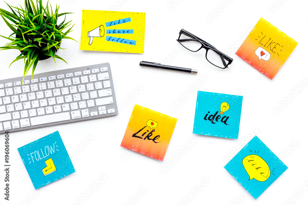 Digital marketing. Work desk of marketing specialist with social media ...