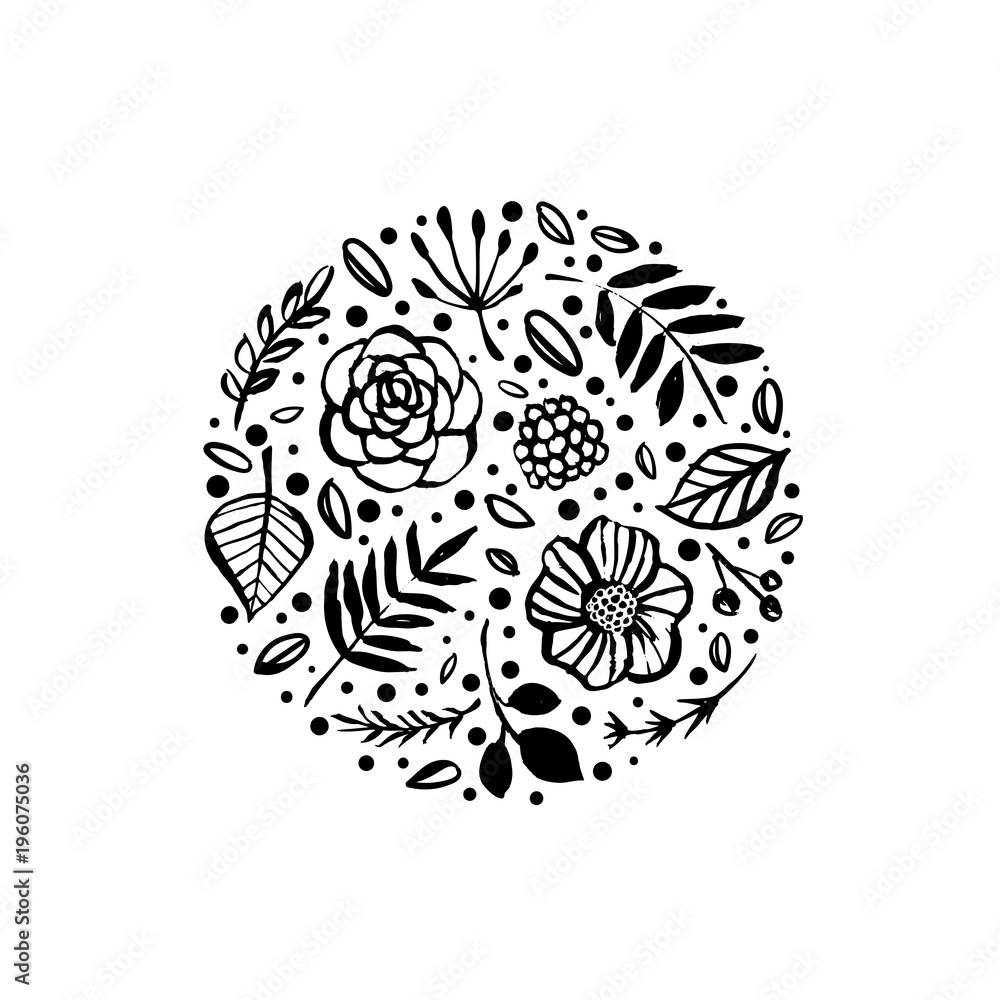 Flower circle shape pattern. Floral botanical elements. Hand drawn ...