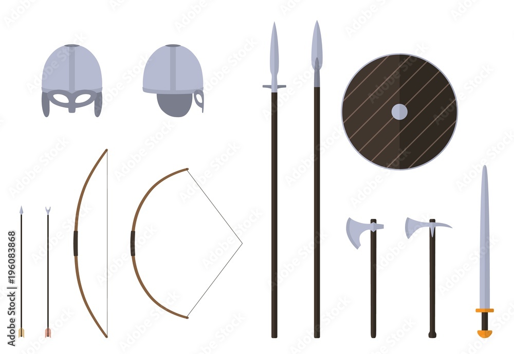 Viking weapons and armors set. Viking warrior equipment. Sword, axe, spear, pike, bow, arrows ...