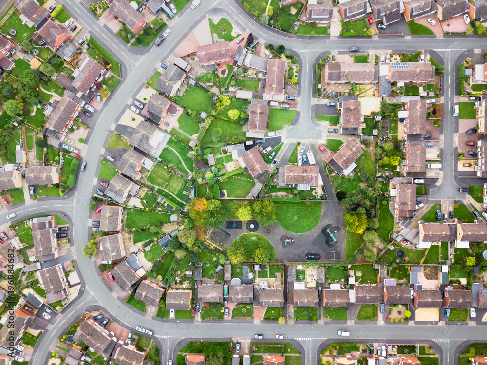 Aerial view of traditional housing estate in England. Looking straight ...