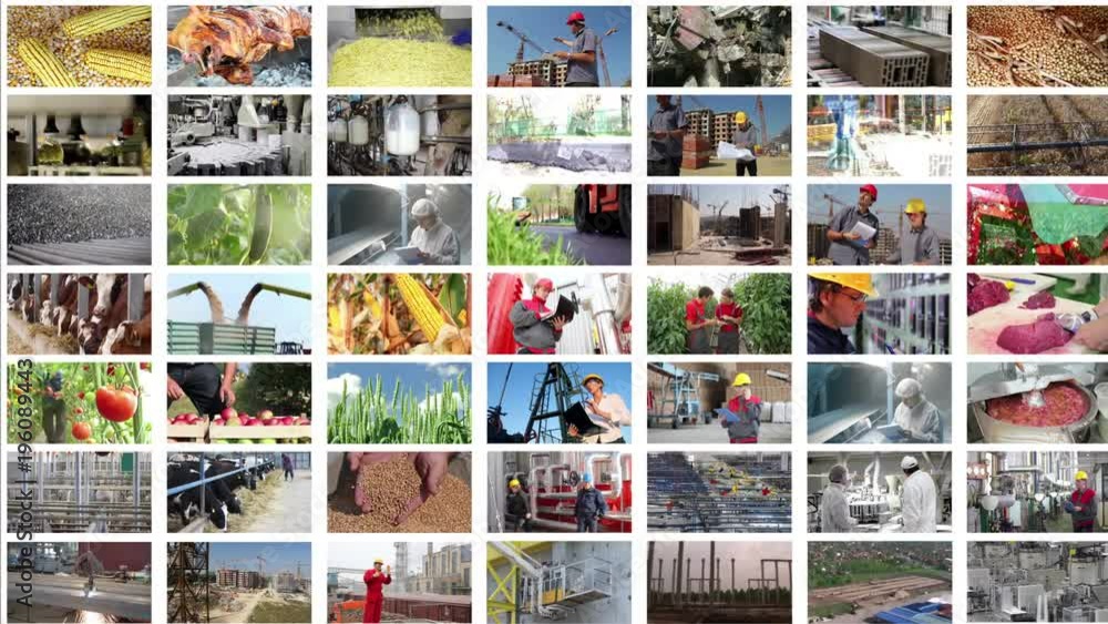 Video wall montage industrial production. People working in a factory ...