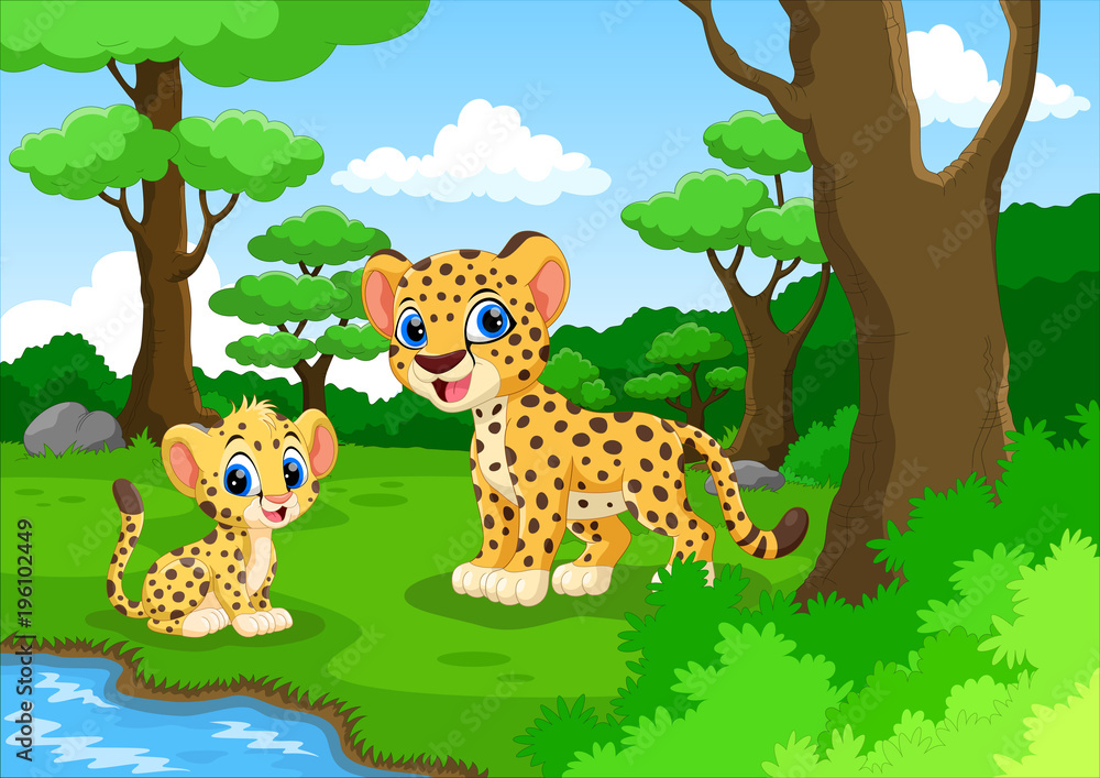 Cheetah cartoon in the forest with his cute son Stock Vector | Adobe Stock