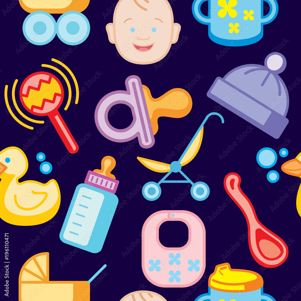 baby equipment seamless pattern. cute baby background with line icons ...