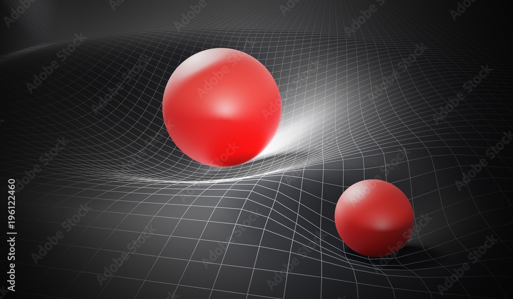 Gravity and general theory of relativity concept. Distorted spacetime caused by massive spheres ...