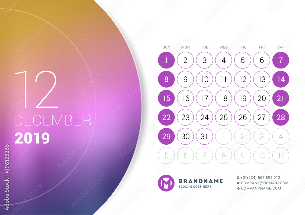 December 2019. Desk calendar for 2019 year. Vector design print ...