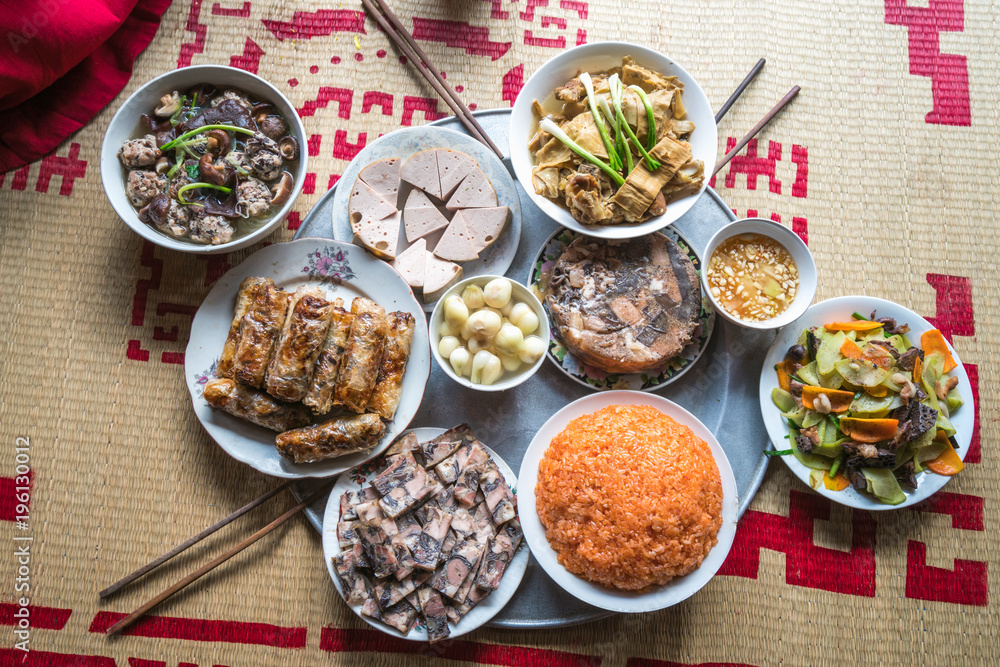 A traditional Vietnamese meal for lunar new year Tet holiday in spring ...