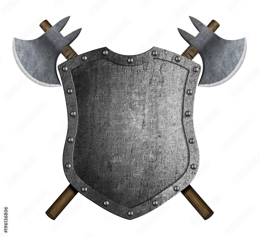 Metal medieval heraldic shield with crossed battle axes 3d illustration ...