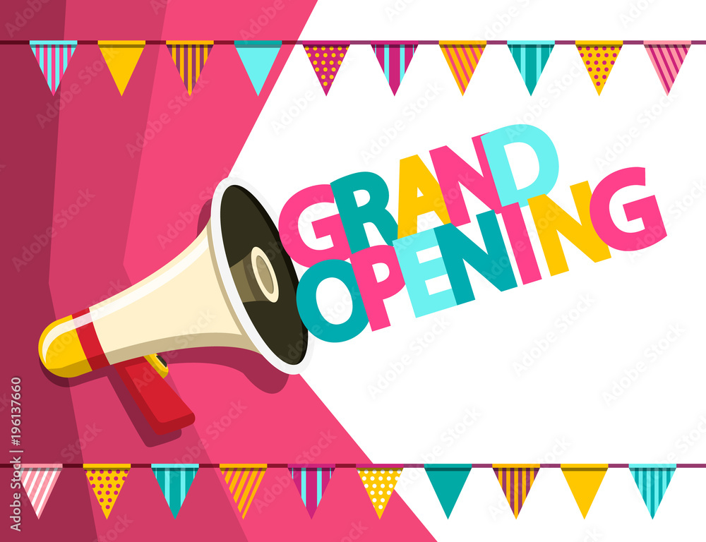 Grand Opening Symbol with Flags and Megaphone Stock Vector | Adobe Stock