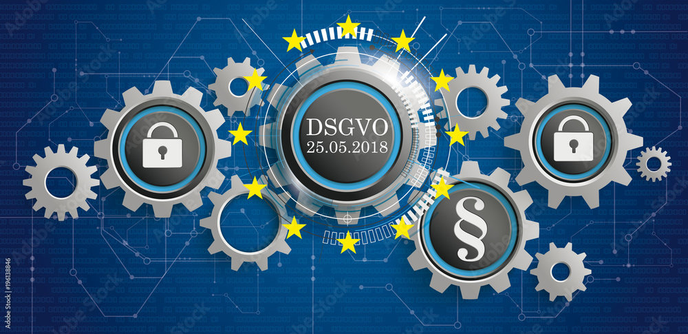 DSGVO Banner mit Zahnräder auf einem digitalen Hintergrund Stock ...