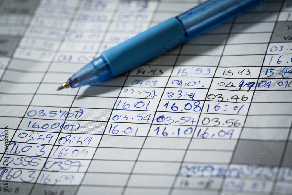 Employee's time recording paper sheet for sign in and sign out at ...