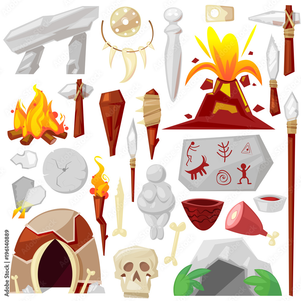 Stone age vector primeval neanderthal stoned weapon axe and prehistoric ...