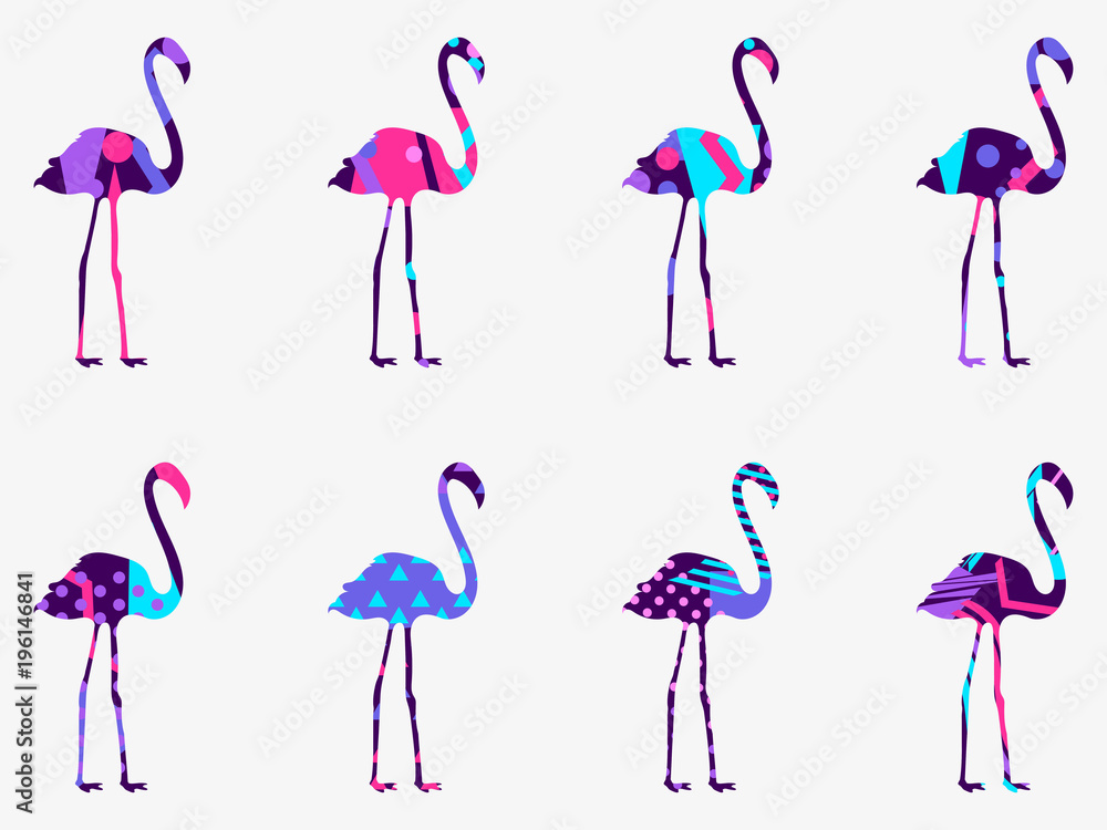 Flamingo with a pattern of geometric shapes, memphis style. A set of ...