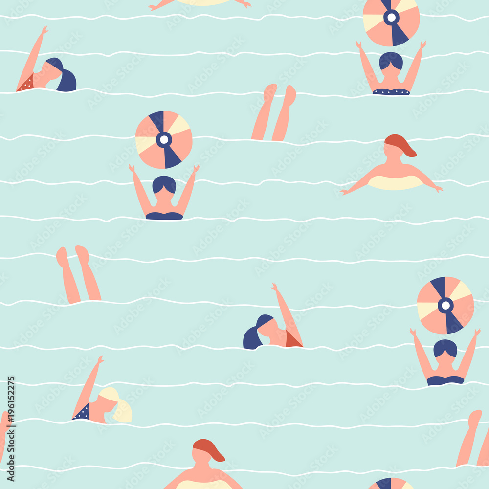 Seamless pattern with cartoon swimming people. Vector hand drawn ...