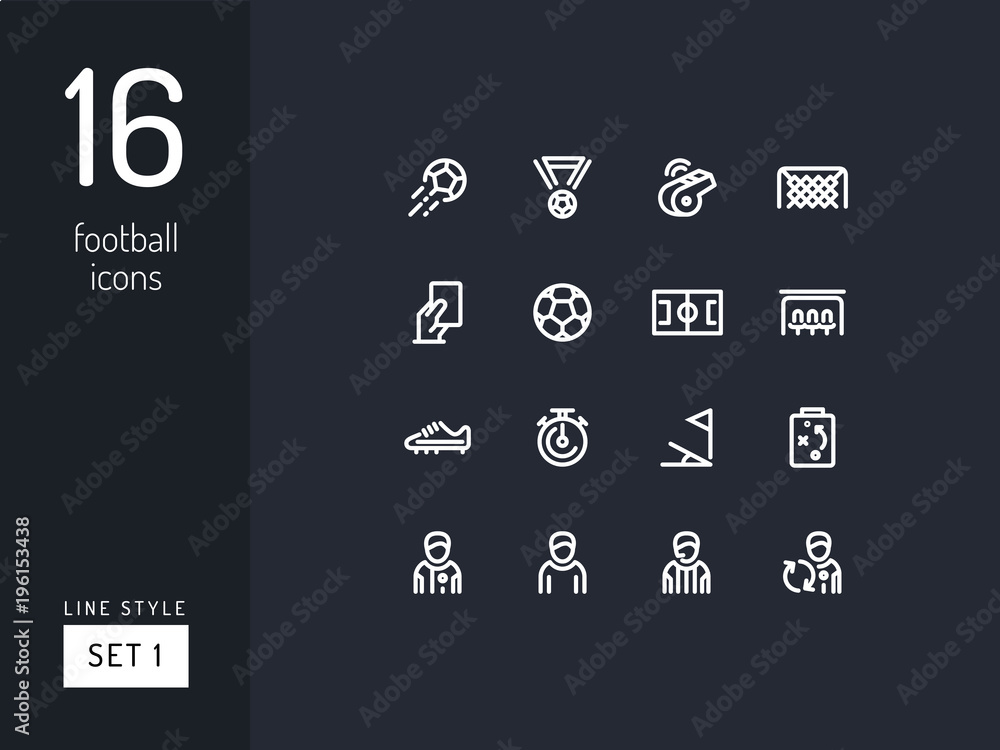 Set 1 of football / soccer icons on the black background. Universal ...