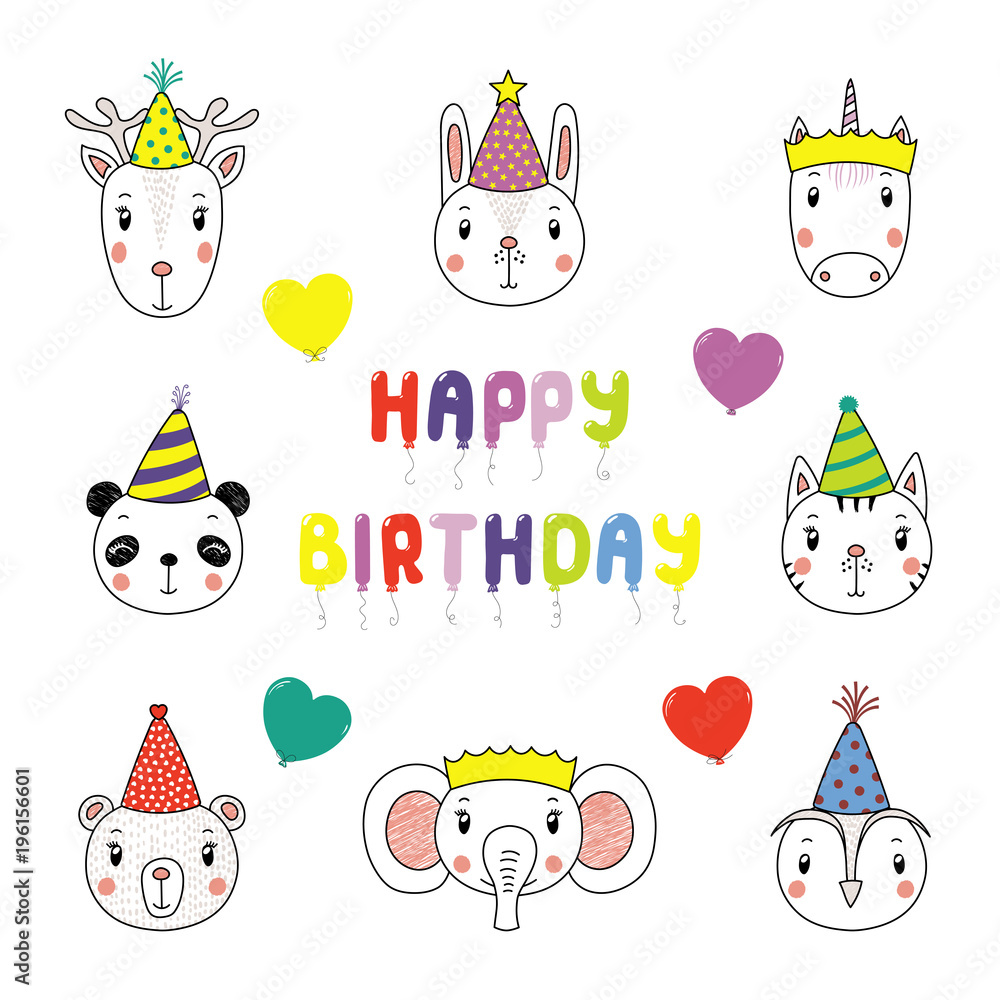 Set of hand drawn portraits of cute animals in party hats, with ...