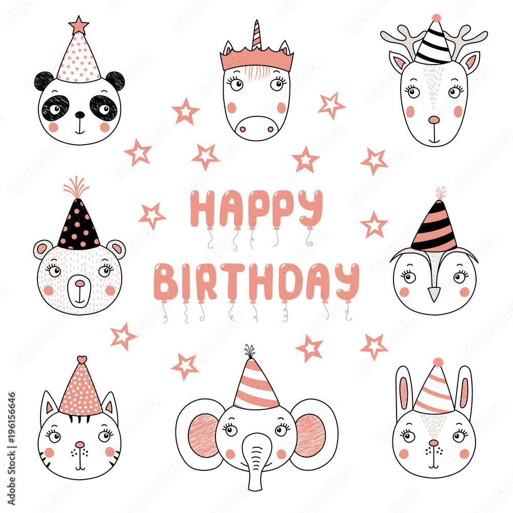 Set of hand drawn portraits of cute animals in party hats, with ...