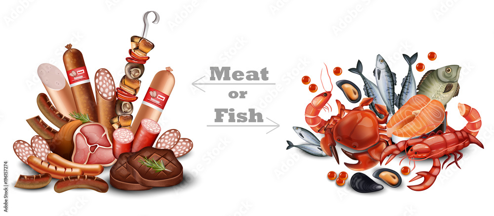 Set of meat vs seafood set Vector realistic detailed illustration. Meat ...
