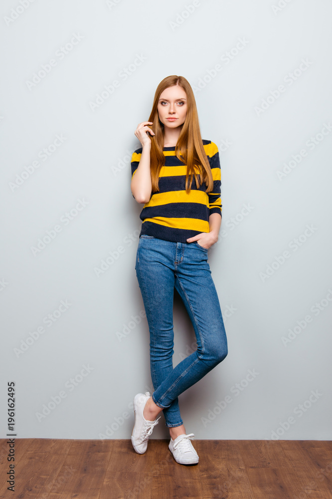 Trendy stylish modern model concept. Vertical full-size full-length ...