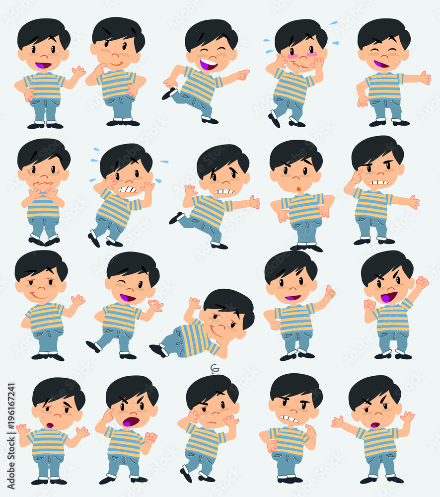 Cartoon character asian boy. Set with different postures, attitudes and ...
