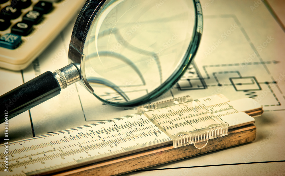 Poster Old engineering tools on a technical drawing – Wall Art | UkPosters