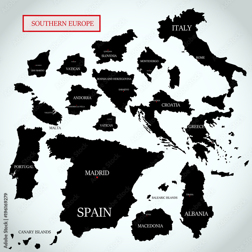 Vector map of Southern Europe with capitals names Stock Vector | Adobe ...