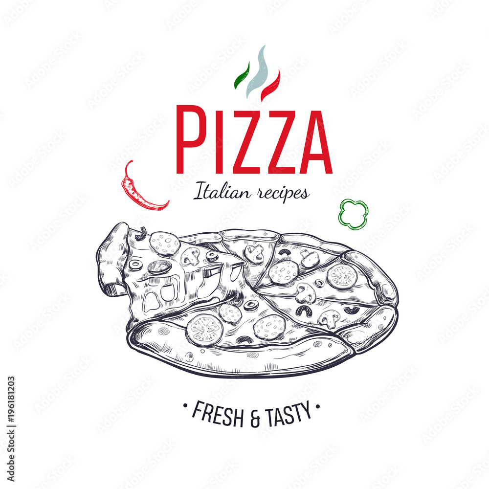 Pizza design template. Vector hand drawn illustration for restaurant ...