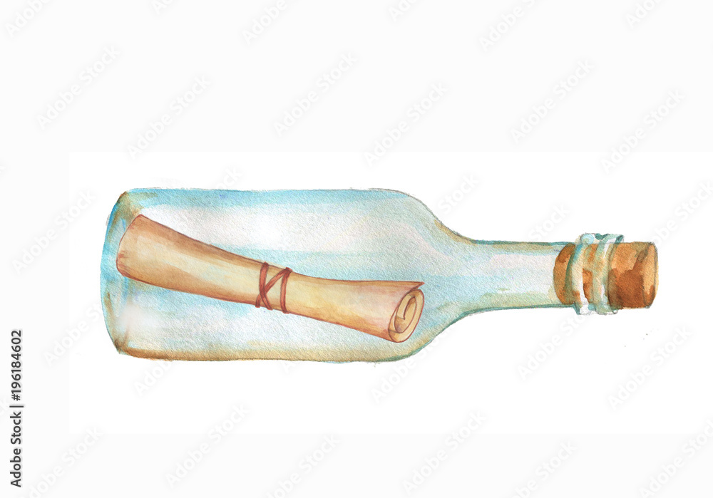 Hand drawn watercolor illustration with message in the bottle. Marine ...