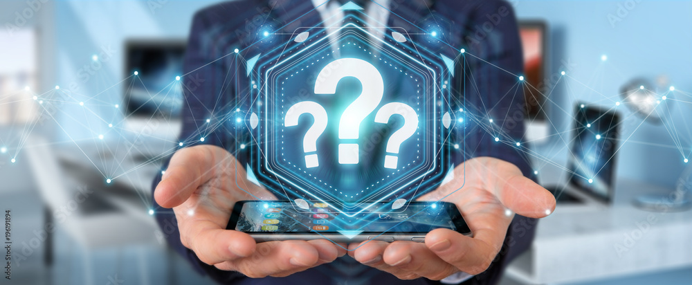 Businessman using question marks digital interface 3D rendering Stock ...