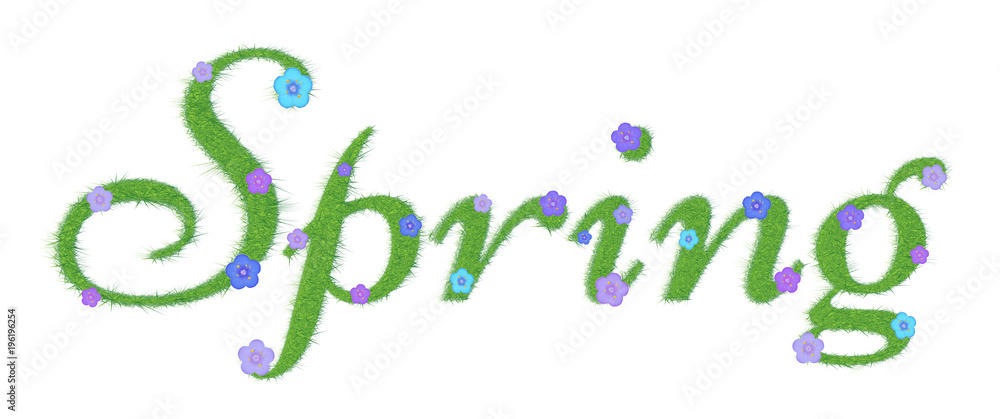 Word is spring, written with green grass and flowers. Vector ...