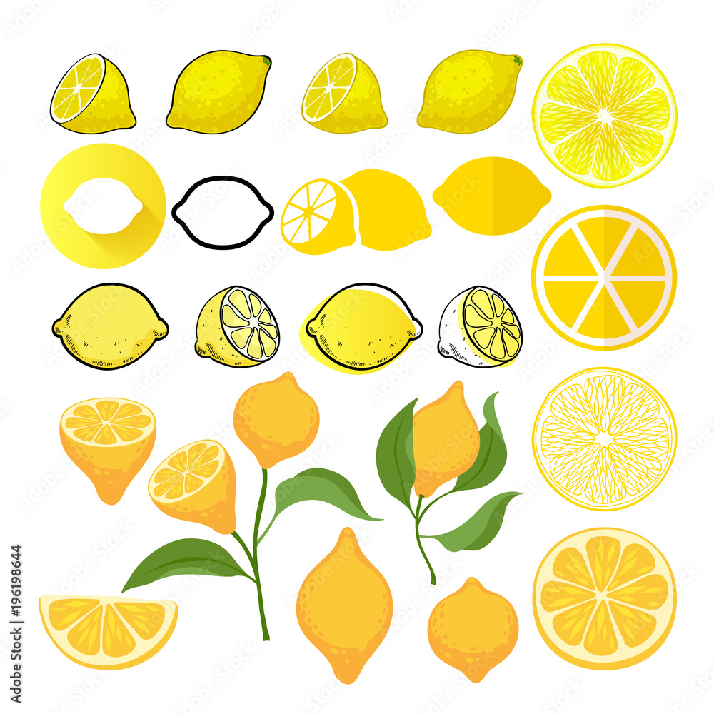Lemon icons big set. Different styles. Stock Vector | Adobe Stock