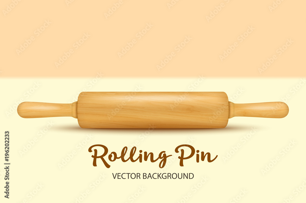 Vector background with realistic 3D wooden rolling pin closeup. Design ...