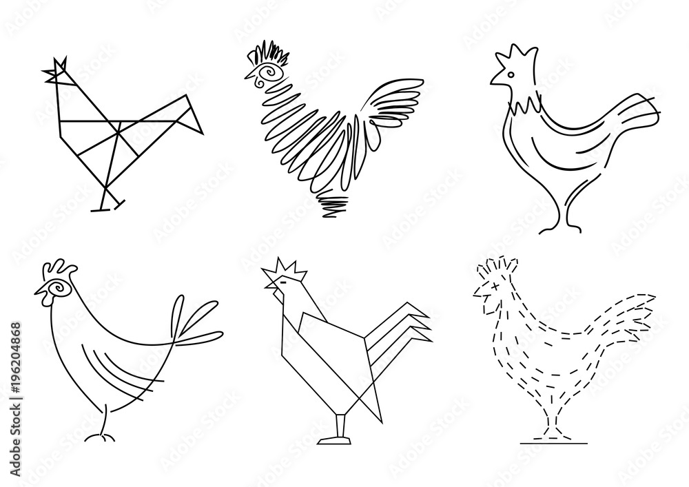 Set of sketches of a rooster. Stylized icons in vector graphics. Blank ...
