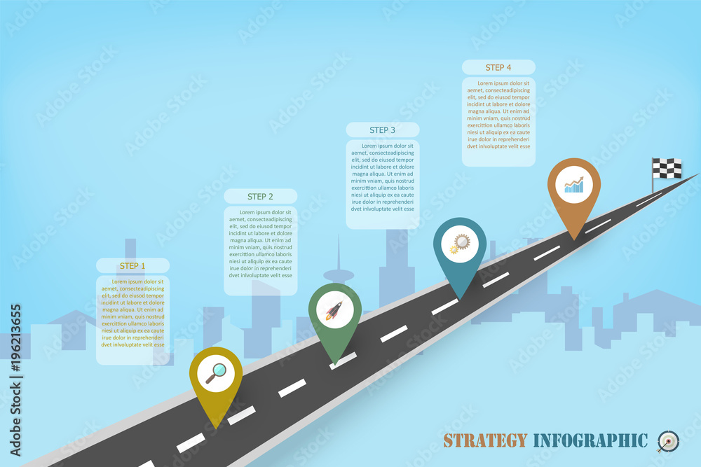 Strategy infographics with business icons on the road map and town ...