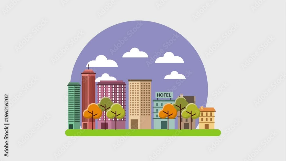 cartoon modern skyscrapers town hotel building tree landscape animation ...
