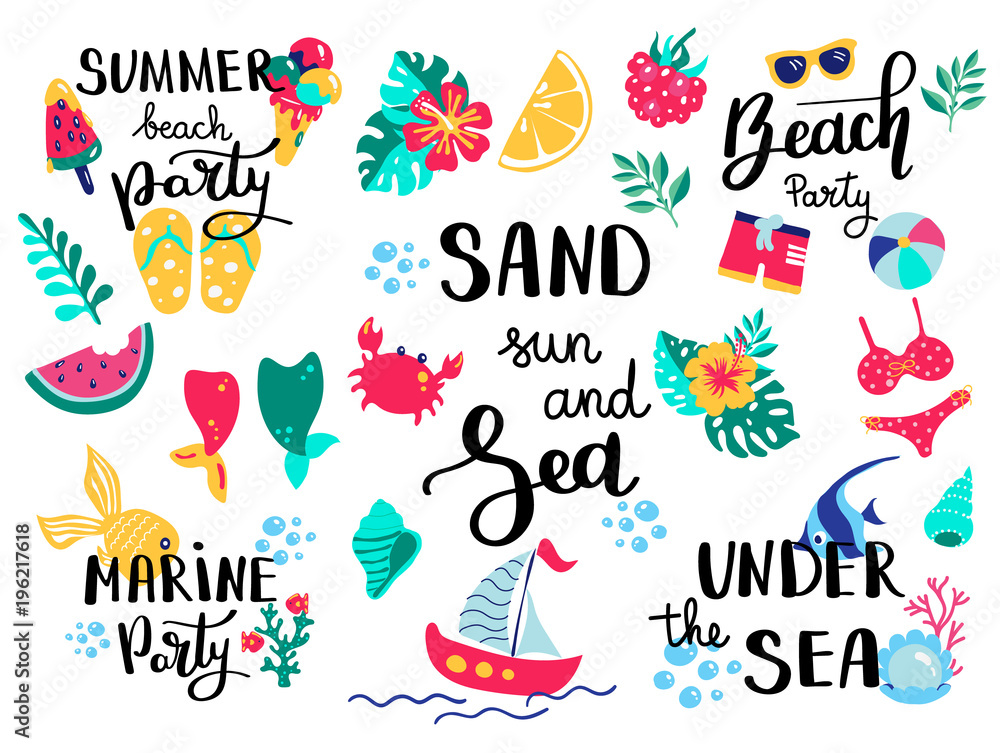 Summer lettering. Set hand drawn icons, signs and banners. Bright ...