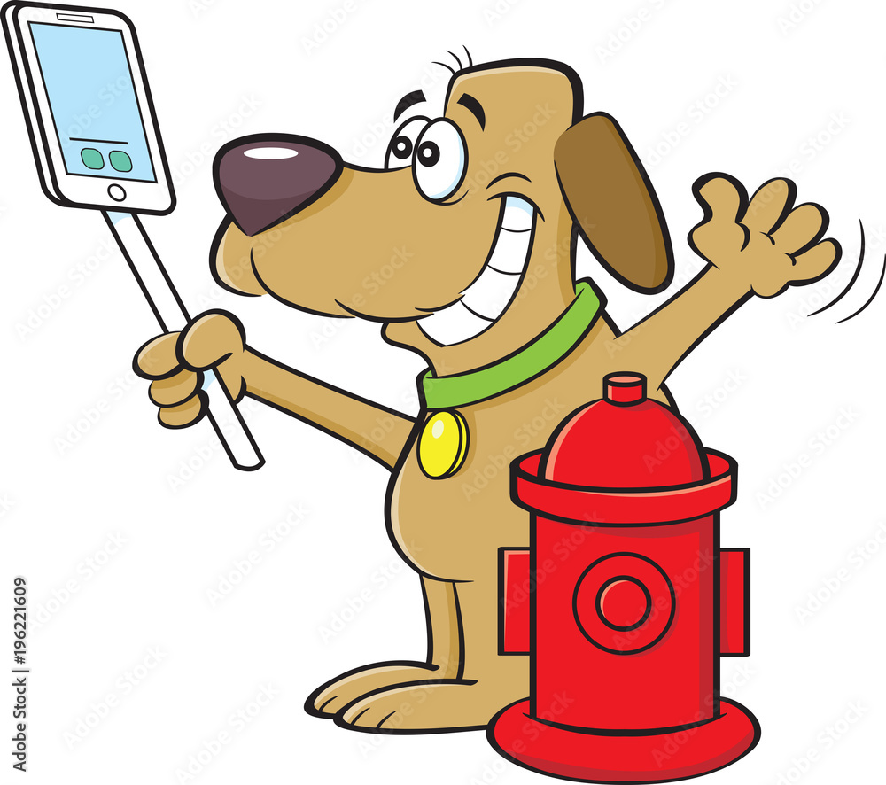 Cartoon illustration of a dog taking a selfie with a fire hydrant ...