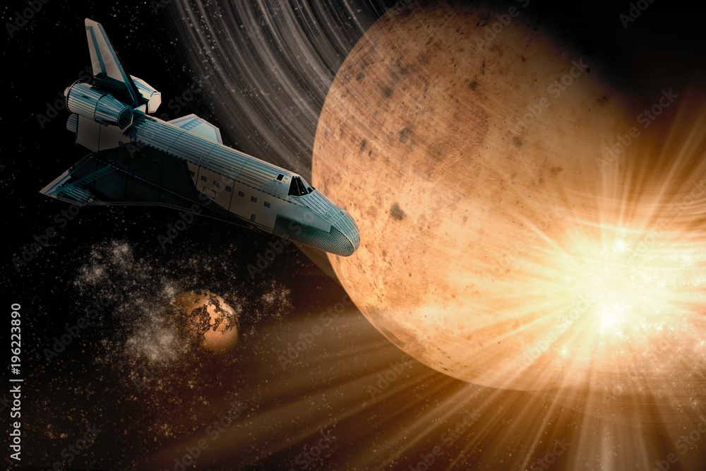 Spaceship / View of spaceship with planet in the space. Digital retouch ...
