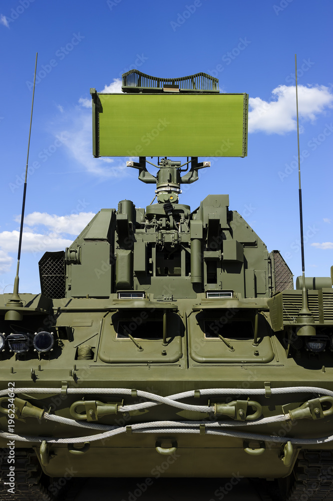 Air defense radar of military mobile antiaircraft system in green color ...