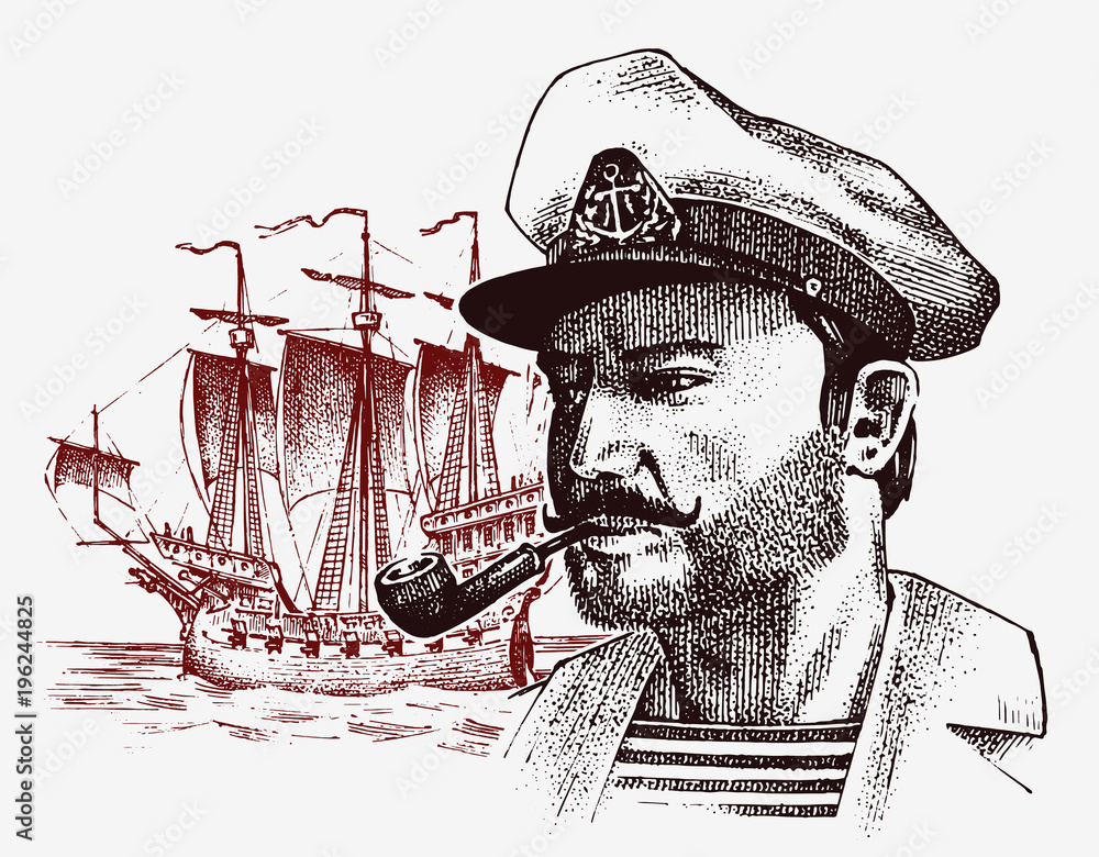 sea captain against the background of sailboat, marine sailor with pipe ...