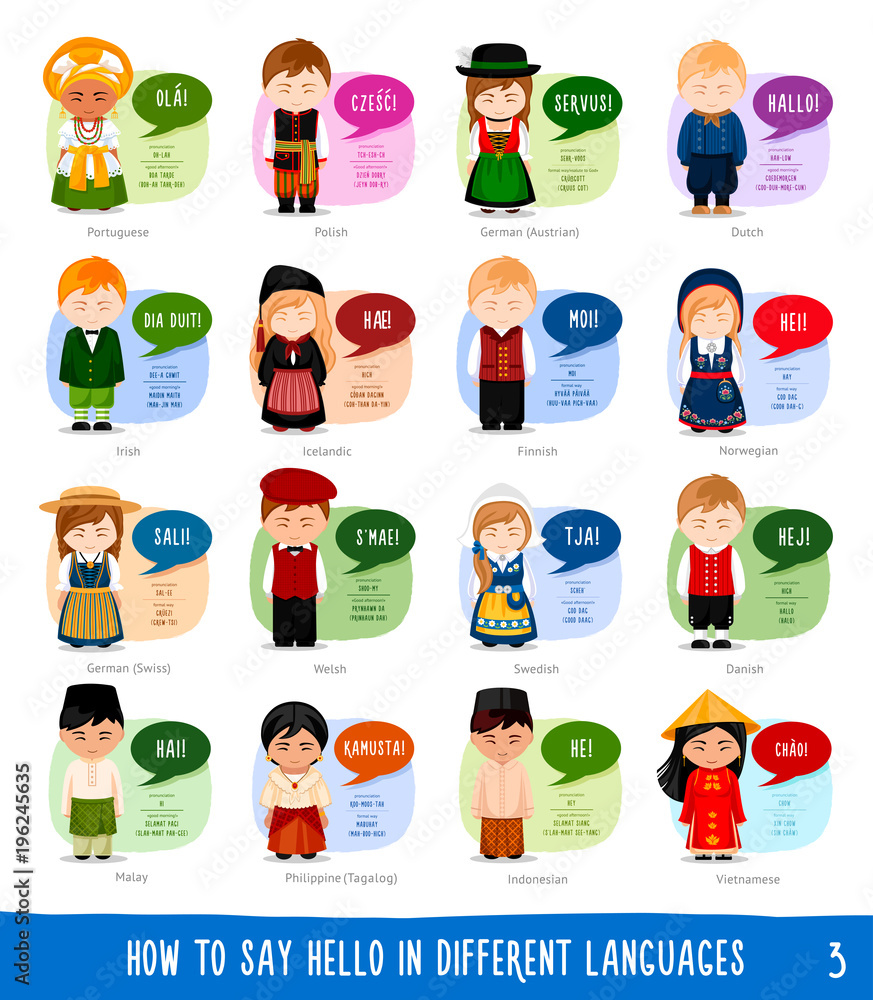 Cartoon characters saying hello in different languages: Portuguese ...