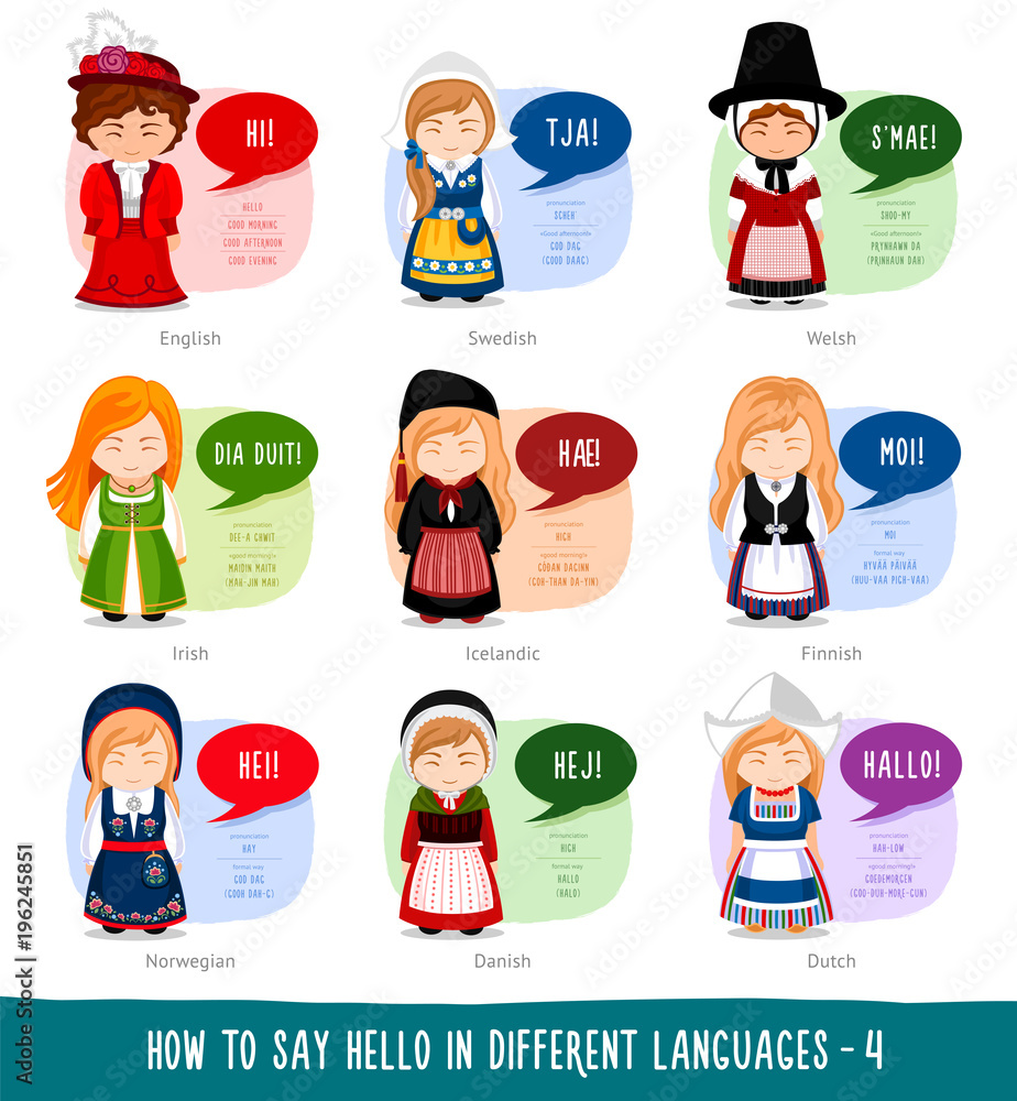 Hello in foreign languages: English, Swedish, Irish (Gaelic), Icelandic ...