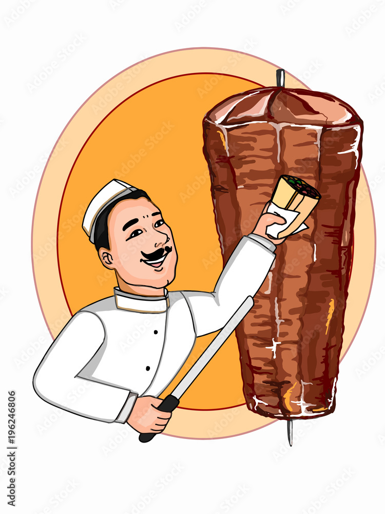 kebab doner cartoon illustration drawing and man and yellow background ...