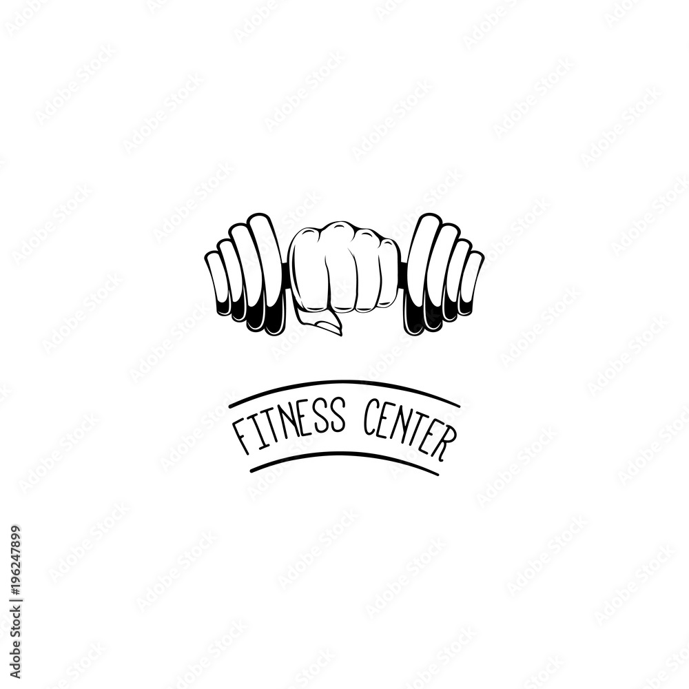 Hand with dumbbell. Fitness center logo label symbol. Vector ...