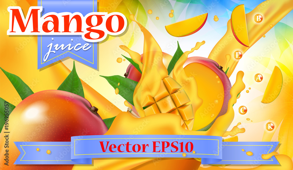 Vector ads 3d promotion banner, Realistic mango fruit splashing with ...