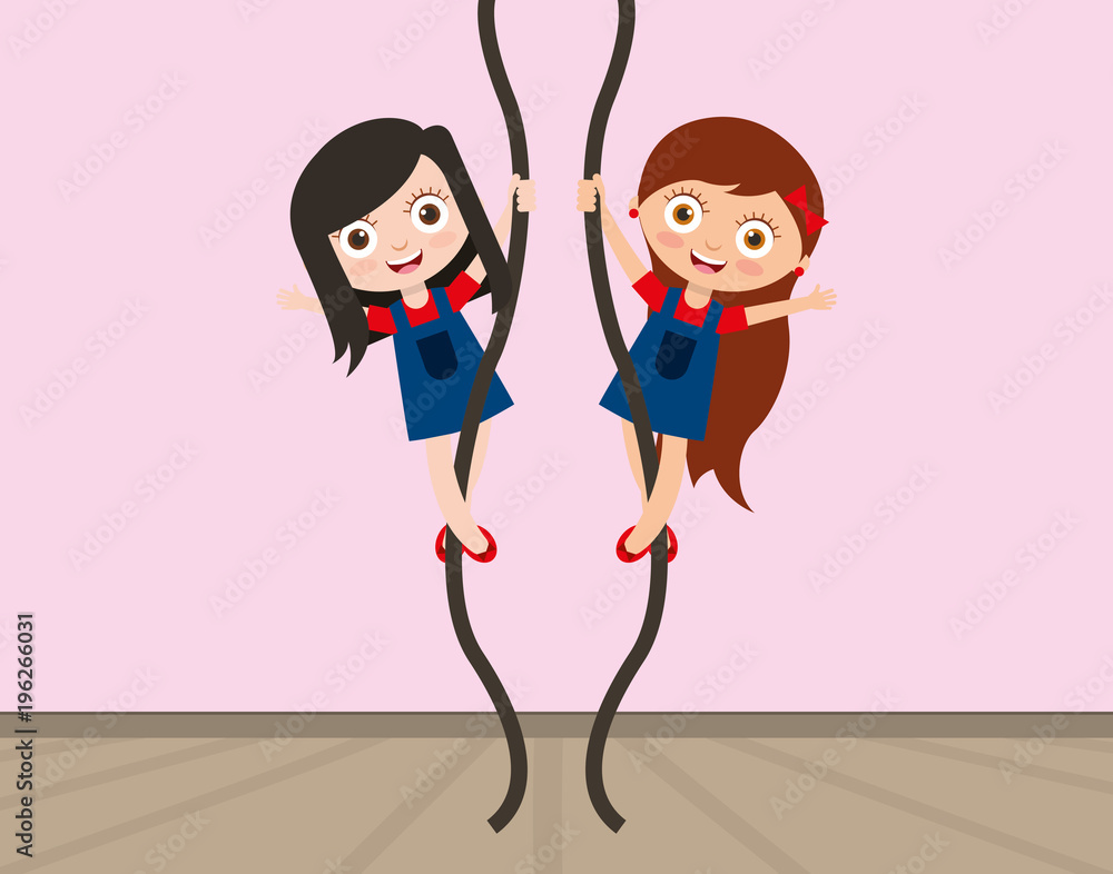 happy little girls climbing on rope kids playing cartoon vector ...