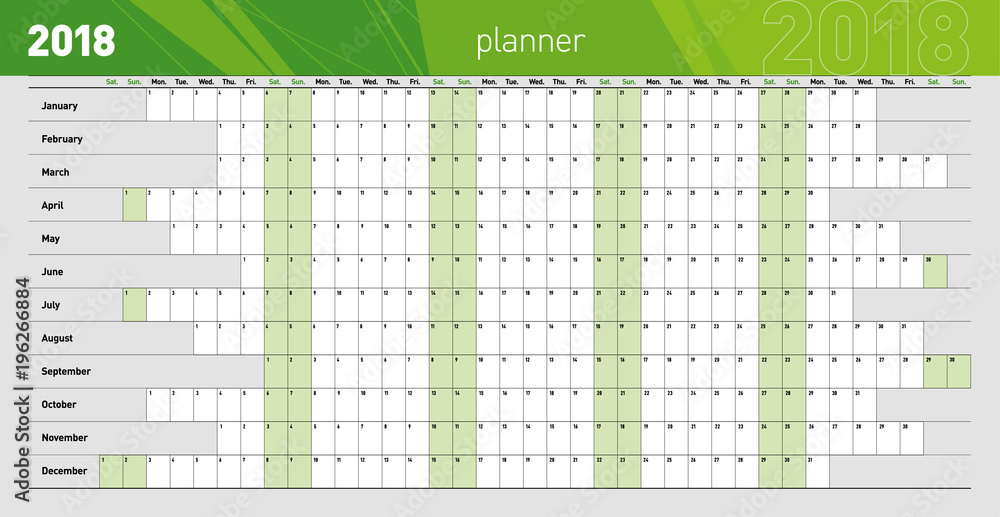 Yearly wall planner for the 2018 year. Green color code Stock Vector ...
