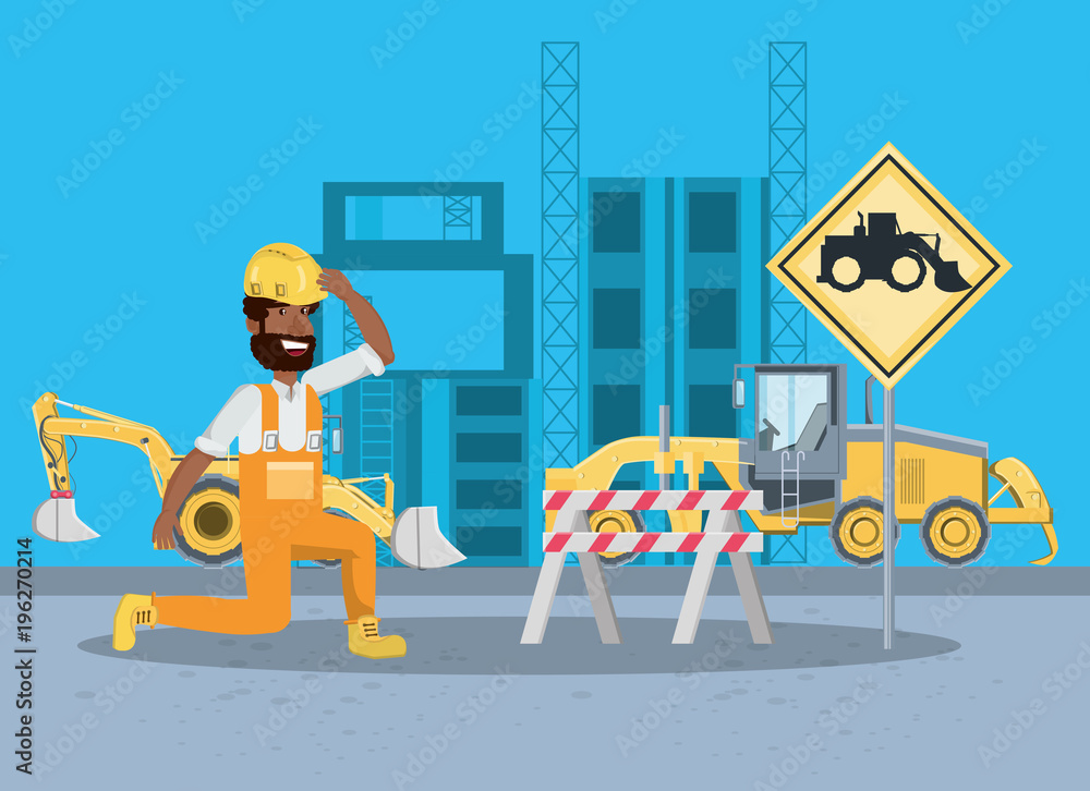 Under construction zone with cartoon builder and construction trucks ...