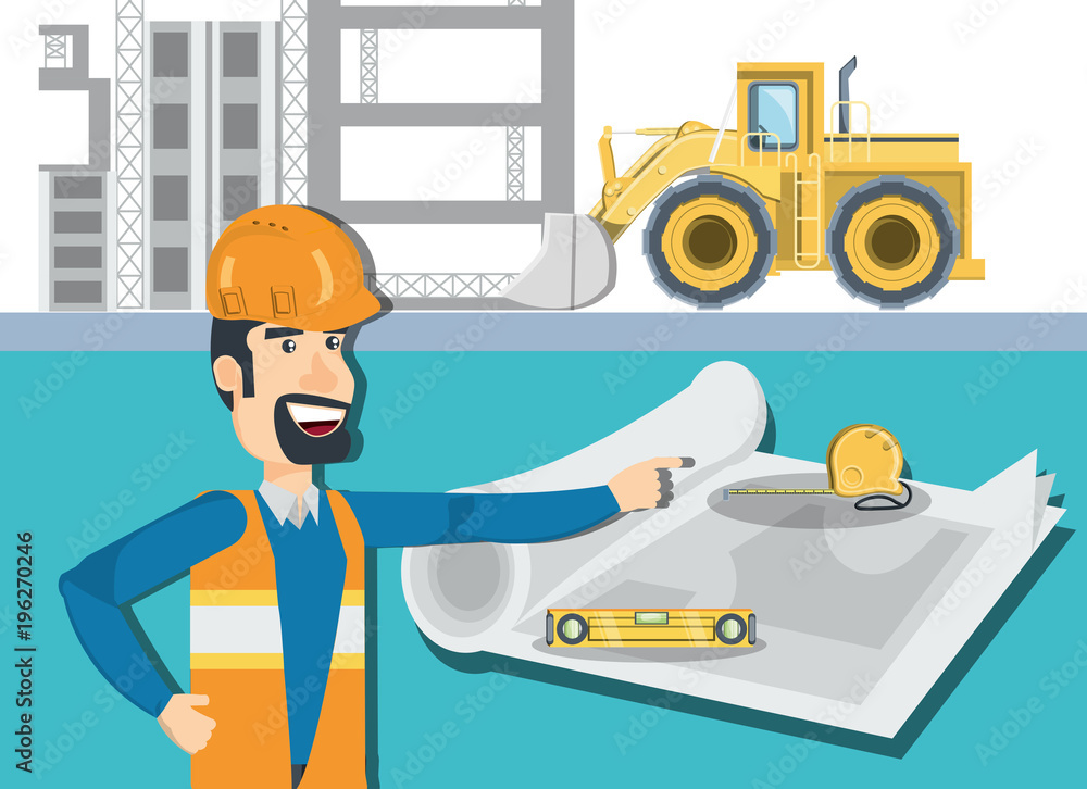 Cartoon engineer with tools and blueprints over under construction zone ...